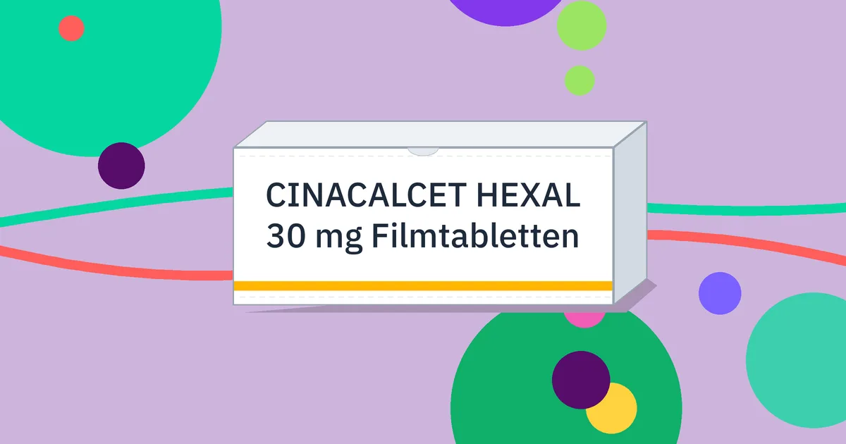 Symbolbild: Packung mit der Aufschrift CINACALCET HEXAL 30 mg Filmtabletten (PZN 16166079) – Verfügbarkeit und Bezug in Apotheken in Frankfurt am Main