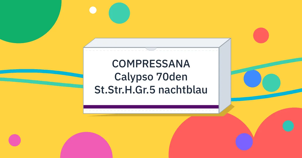 Symbolbild: Packung mit der Aufschrift COMPRESSANA Calypso 70den St.Str.H.Gr.5 nachtblau (PZN 07718870) – Verfügbarkeit und Bezug in Apotheken in Frankfurt am Main