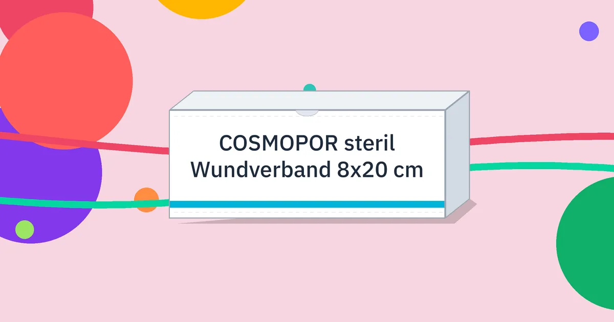 Symbolbild: Packung mit der Aufschrift COSMOPOR steril Wundverband 8x20 cm (PZN 04302057) – Verfügbarkeit und Bezug in Apotheken in Frankfurt am Main