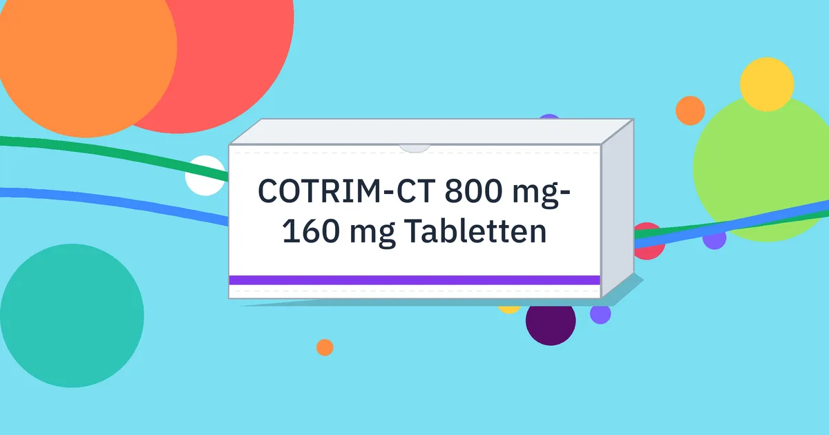 Symbolbild: Packung mit der Aufschrift COTRIM-CT 800 mg-160 mg Tabletten (PZN 04190859) – Verfügbarkeit und Bezug in Apotheken in Frankfurt am Main