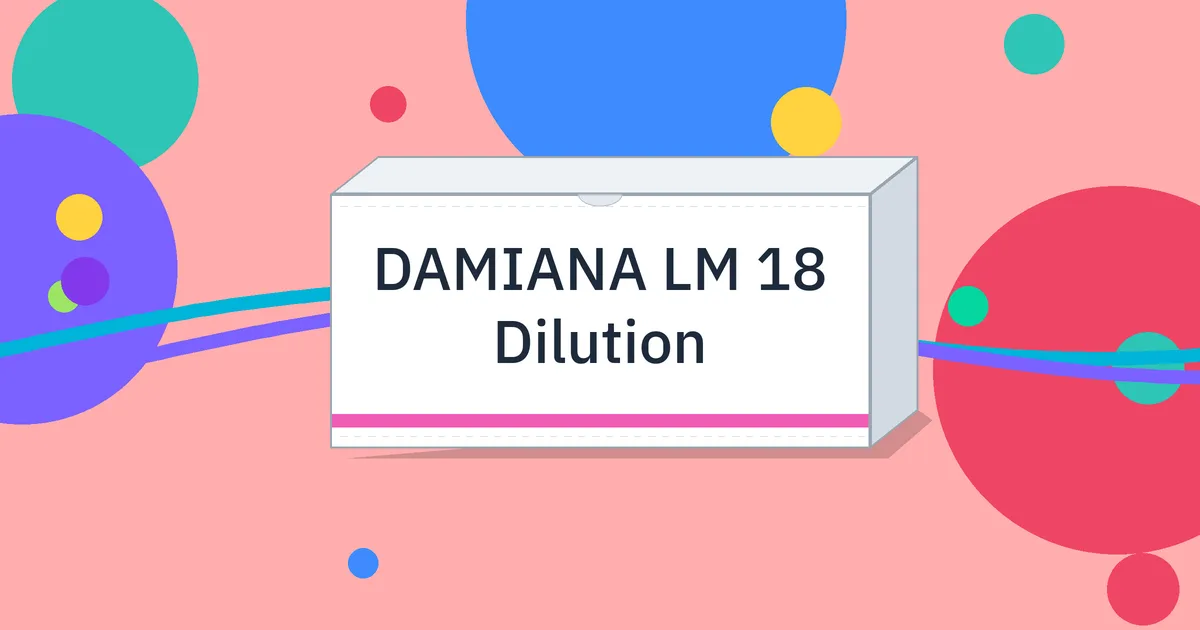 Symbolbild: Packung mit der Aufschrift DAMIANA LM 18 Dilution (PZN 13461085) – Verfügbarkeit und Bezug in Apotheken in Frankfurt am Main