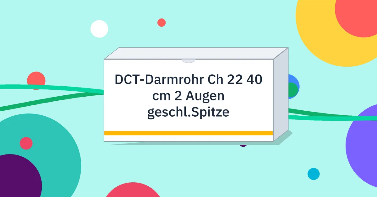 Symbolbild: Packung mit der Aufschrift DCT-Darmrohr Ch 22 40 cm 2 Augen geschl.Spitze (PZN 13229230) – Verfügbarkeit und Bezug in Apotheken in Frankfurt am Main