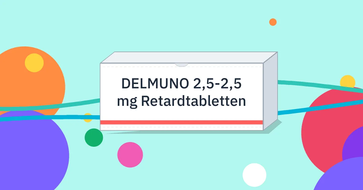 Symbolbild: Packung mit der Aufschrift DELMUNO 2,5-2,5 mg Retardtabletten (PZN 07286241) – Verfügbarkeit und Bezug in Apotheken in Frankfurt am Main