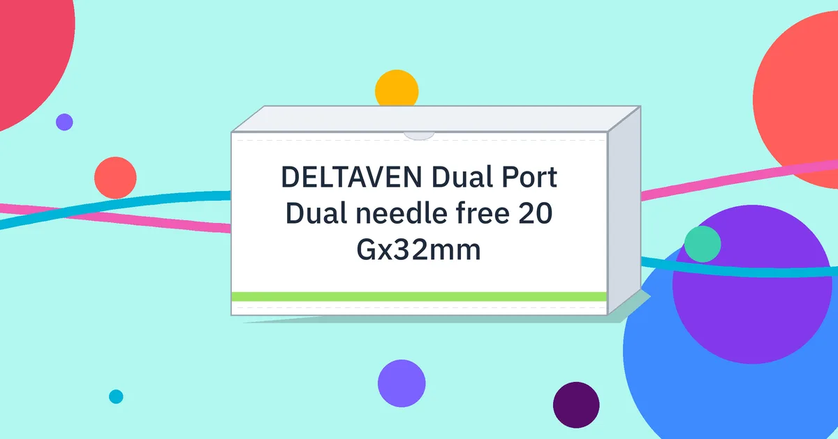 Symbolbild: Packung mit der Aufschrift DELTAVEN Dual Port Dual needle free 20 Gx32mm (PZN 18873817) – Verfügbarkeit und Bezug in Apotheken in Frankfurt am Main