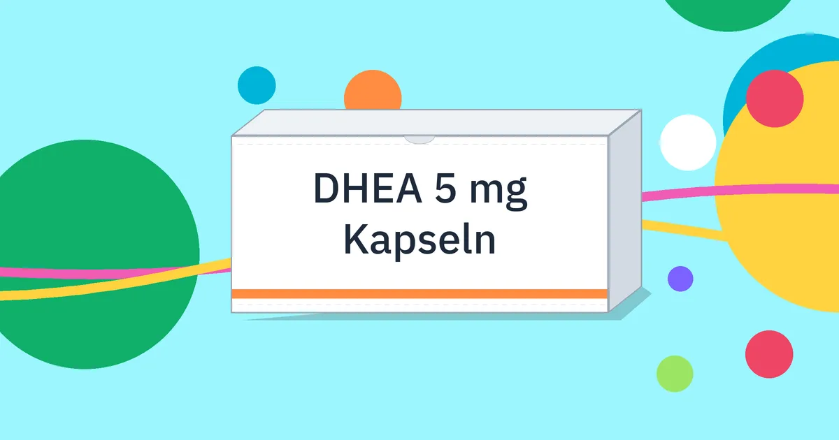 Symbolbild: Packung mit der Aufschrift DHEA 5 mg Kapseln (PZN 18471639) – Verfügbarkeit und Bezug in Apotheken in Frankfurt am Main