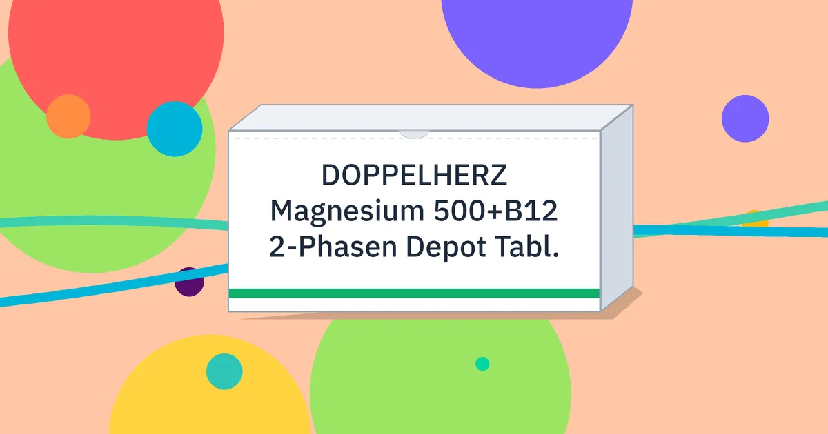 Symbolbild: Packung mit der Aufschrift DOPPELHERZ Magnesium 500+B12 2-Phasen Depot Tabl. (PZN 19117302) – Verfügbarkeit und Bezug in Apotheken in Frankfurt am Main