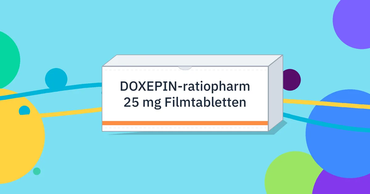 Symbolbild: Packung mit der Aufschrift DOXEPIN-ratiopharm 25 mg Filmtabletten (PZN 00772323) – Verfügbarkeit und Bezug in Apotheken in Frankfurt am Main