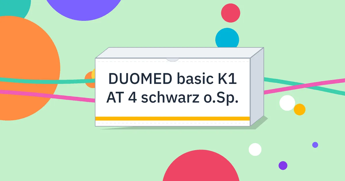 Symbolbild: Packung mit der Aufschrift DUOMED basic K1 AT 4 schwarz o.Sp. (PZN 20902696) – Verfügbarkeit und Bezug in Apotheken in Frankfurt am Main