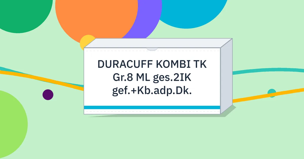 Symbolbild: Packung mit der Aufschrift DURACUFF KOMBI TK Gr.8 ML ges.2IK gef.+Kb.adp.Dk. (PZN 04962428) – Verfügbarkeit und Bezug in Apotheken in Frankfurt am Main