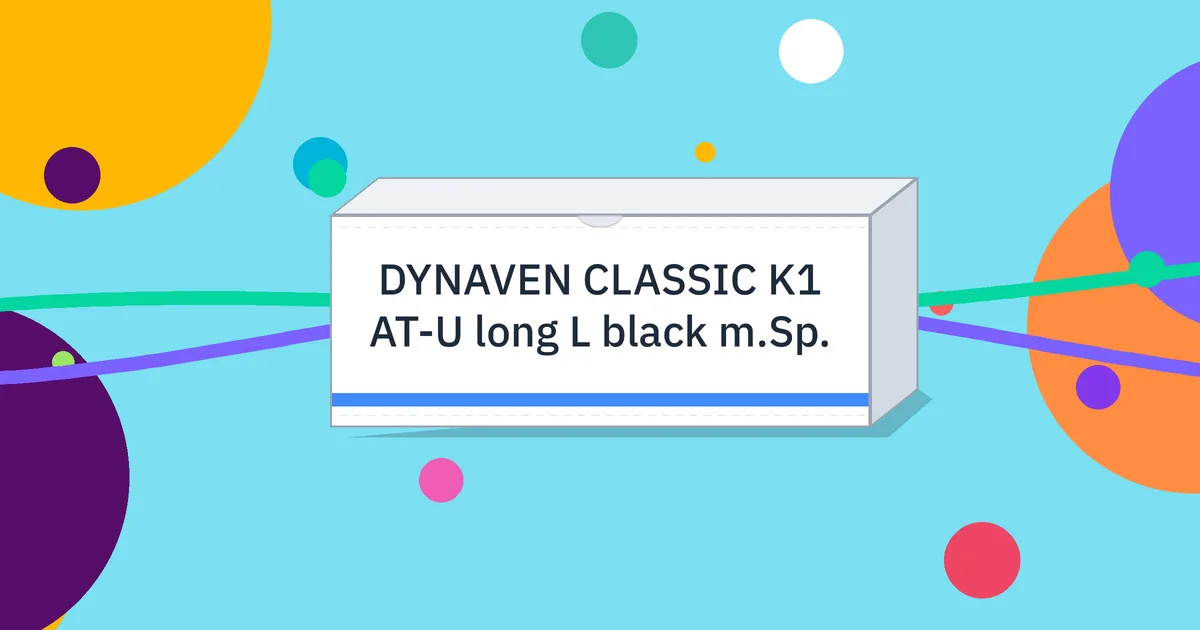 Symbolbild: Packung mit der Aufschrift DYNAVEN CLASSIC K1 AT-U long L black m.Sp. (PZN 18416853) – Verfügbarkeit und Bezug in Apotheken in Frankfurt am Main