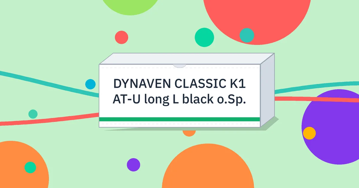 Symbolbild: Packung mit der Aufschrift DYNAVEN CLASSIC K1 AT-U long L black o.Sp. (PZN 18416563) – Verfügbarkeit und Bezug in Apotheken in Frankfurt am Main