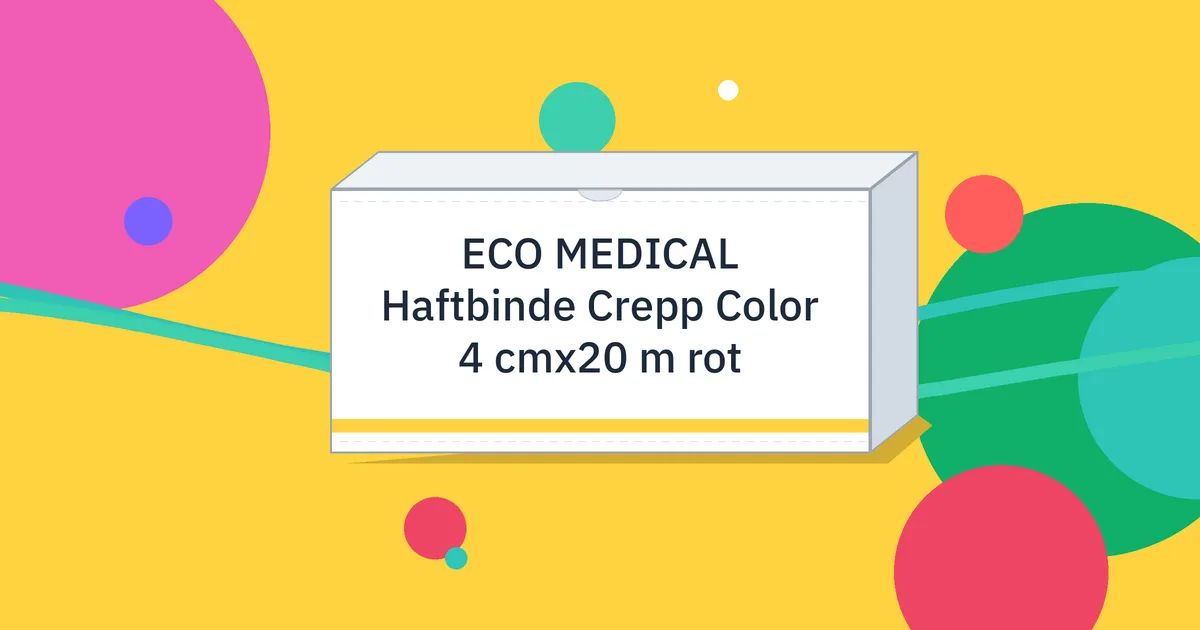 Symbolbild: Packung mit der Aufschrift ECO MEDICAL Haftbinde Crepp Color 4 cmx20 m rot (PZN 00734239) – Verfügbarkeit und Bezug in Apotheken in Frankfurt am Main