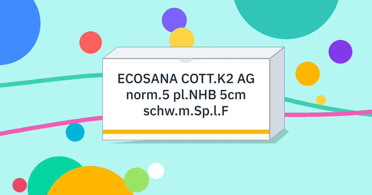 Symbolbild: Packung mit der Aufschrift ECOSANA COTT.K2 AG norm.5 pl.NHB 5cm schw.m.Sp.l.F (PZN 16950241) – Verfügbarkeit und Bezug in Apotheken in Frankfurt am Main