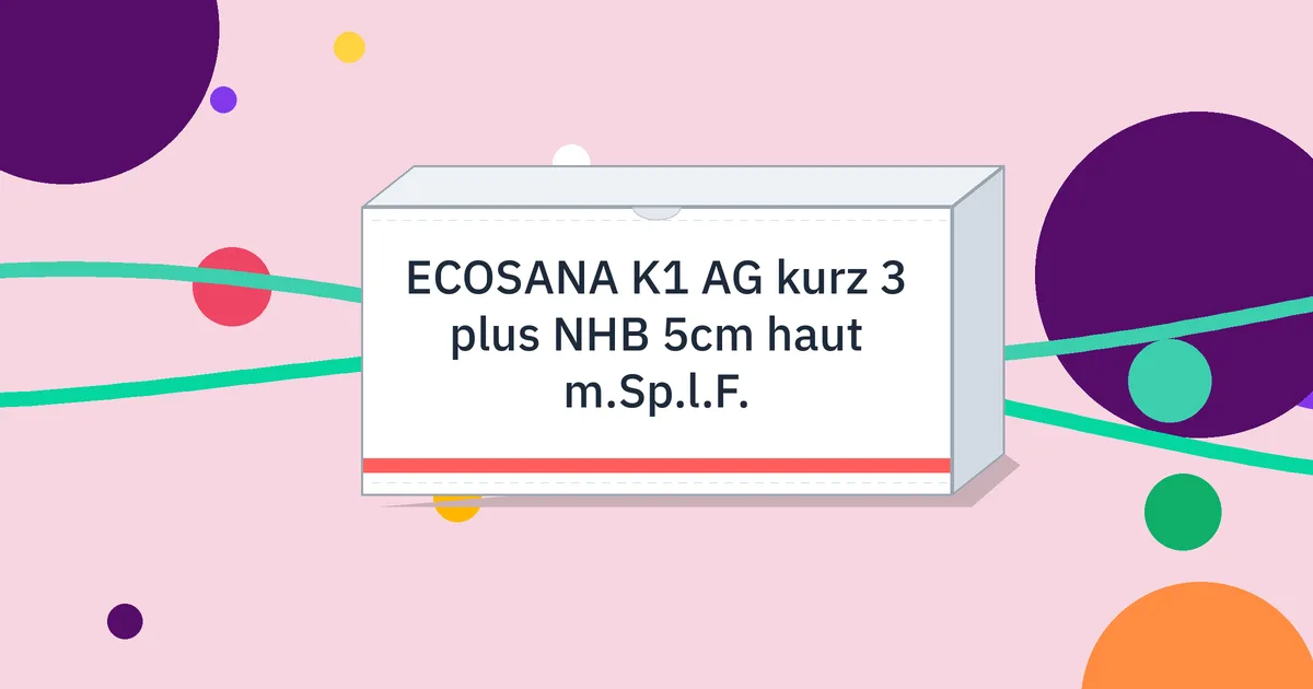 Symbolbild: Packung mit der Aufschrift ECOSANA K1 AG kurz 3 plus NHB 5cm haut m.Sp.l.F. (PZN 04727928) – Verfügbarkeit und Bezug in Apotheken in Frankfurt am Main