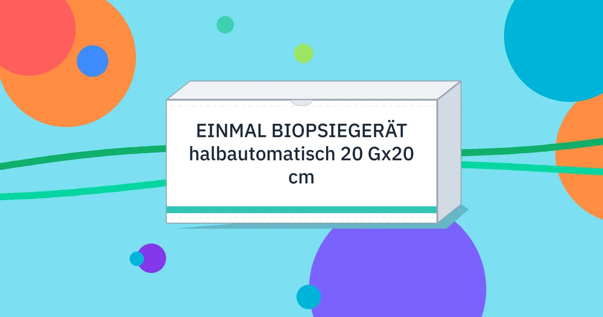 Symbolbild: Packung mit der Aufschrift EINMAL BIOPSIEGERÄT halbautomatisch 20 Gx20 cm (PZN 11105386) – Verfügbarkeit und Bezug in Apotheken in Frankfurt am Main