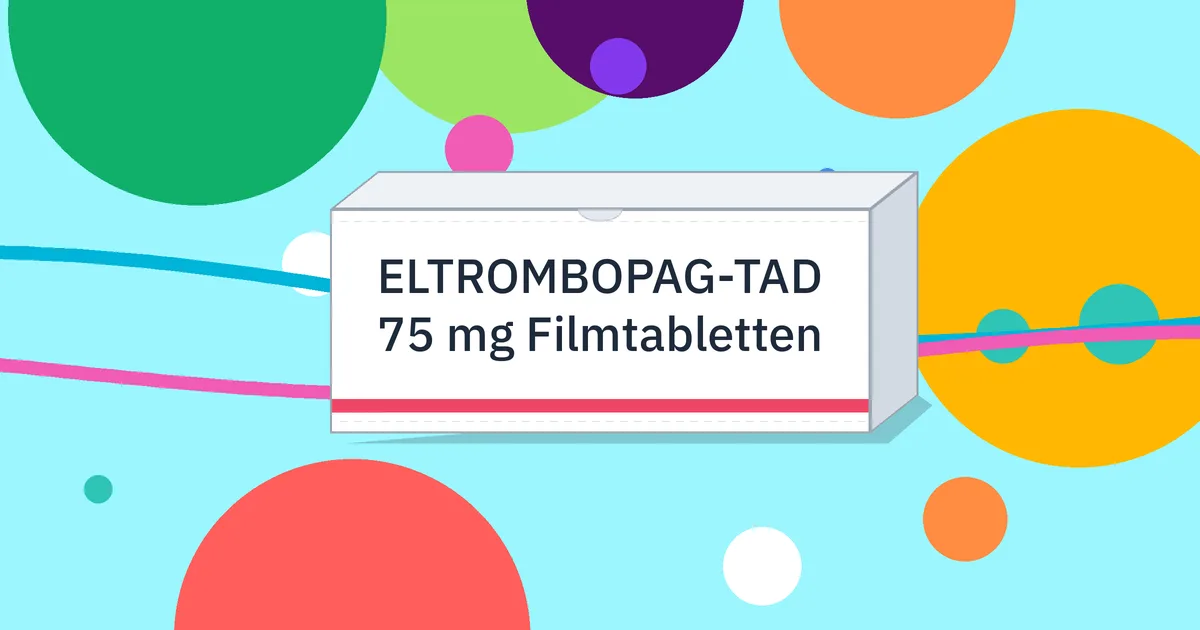 Symbolbild: Packung mit der Aufschrift ELTROMBOPAG-TAD 75 mg Filmtabletten (PZN 19878917) – Verfügbarkeit und Bezug in Apotheken in Frankfurt am Main