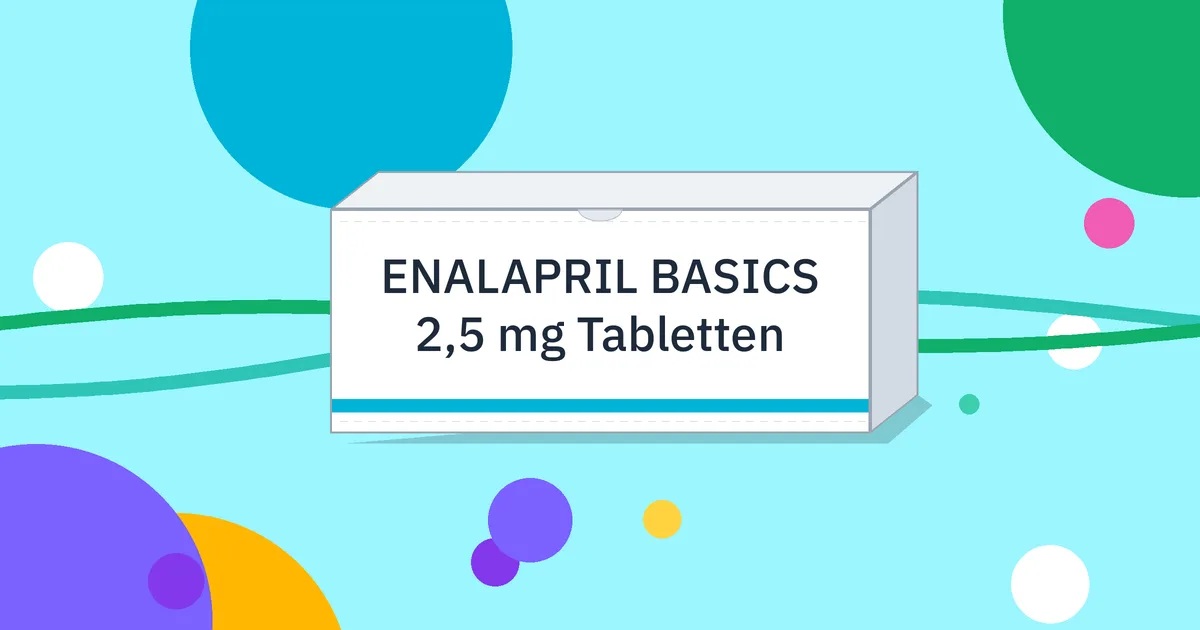 Symbolbild: Packung mit der Aufschrift ENALAPRIL BASICS 2,5 mg Tabletten (PZN 02236014) – Verfügbarkeit und Bezug in Apotheken in Frankfurt am Main