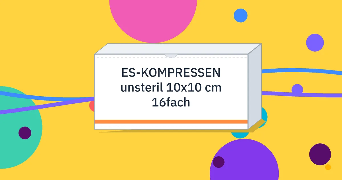 Symbolbild: Packung mit der Aufschrift ES-KOMPRESSEN unsteril 10x10 cm 16fach (PZN 19533443) – Verfügbarkeit und Bezug in Apotheken in Frankfurt am Main