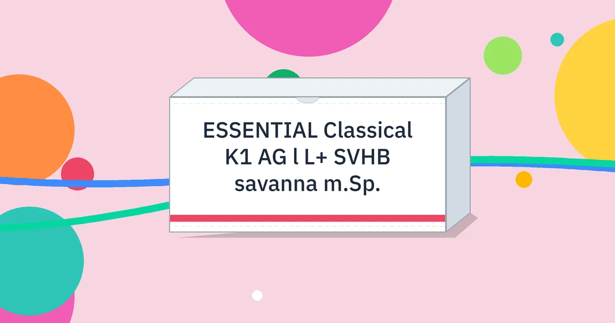Symbolbild: Packung mit der Aufschrift ESSENTIAL Classical K1 AG l L+ SVHB savanna m.Sp. (PZN 18421044) – Verfügbarkeit und Bezug in Apotheken in Frankfurt am Main
