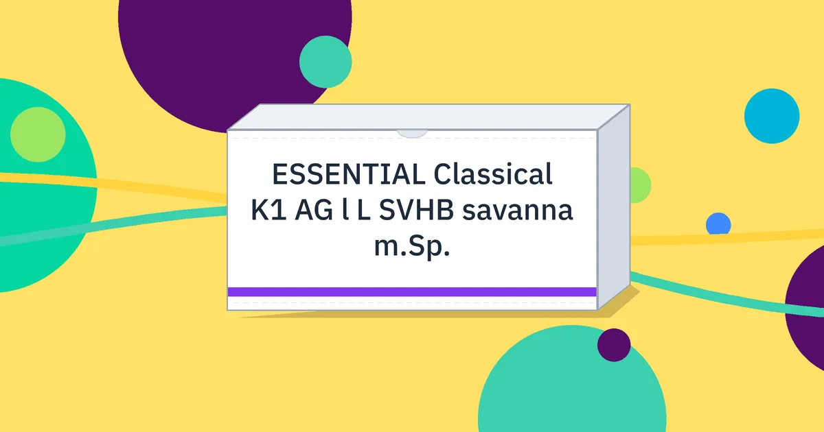 Symbolbild: Packung mit der Aufschrift ESSENTIAL Classical K1 AG l L SVHB savanna m.Sp. (PZN 18420984) – Verfügbarkeit und Bezug in Apotheken in Frankfurt am Main