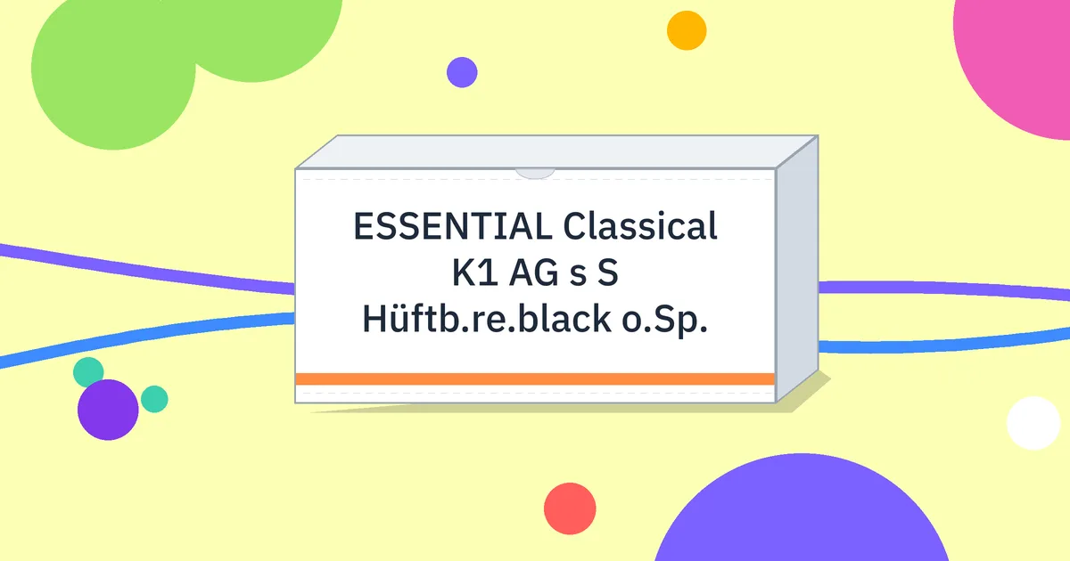 Symbolbild: Packung mit der Aufschrift ESSENTIAL Classical K1 AG s S Hüftb.re.black o.Sp. (PZN 17013426) – Verfügbarkeit und Bezug in Apotheken in Frankfurt am Main