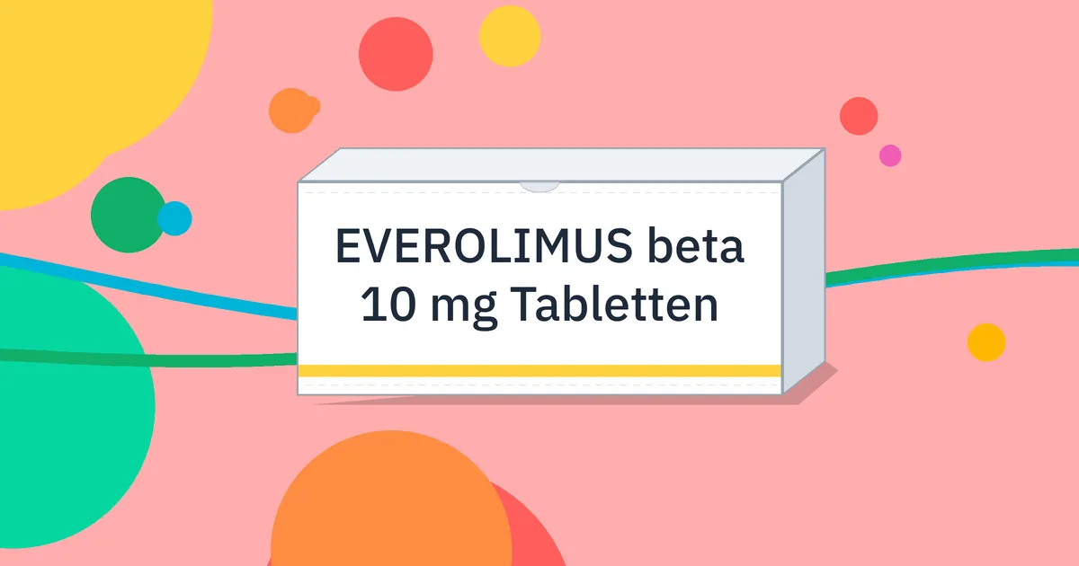 Symbolbild: Packung mit der Aufschrift EVEROLIMUS beta 10 mg Tabletten (PZN 14372426) – Verfügbarkeit und Bezug in Apotheken in Frankfurt am Main