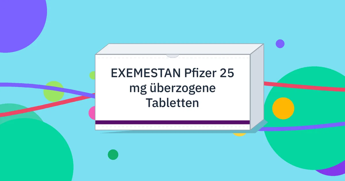 Symbolbild: Packung mit der Aufschrift EXEMESTAN Pfizer 25 mg überzogene Tabletten (PZN 08819136) – Verfügbarkeit und Bezug in Apotheken in Frankfurt am Main