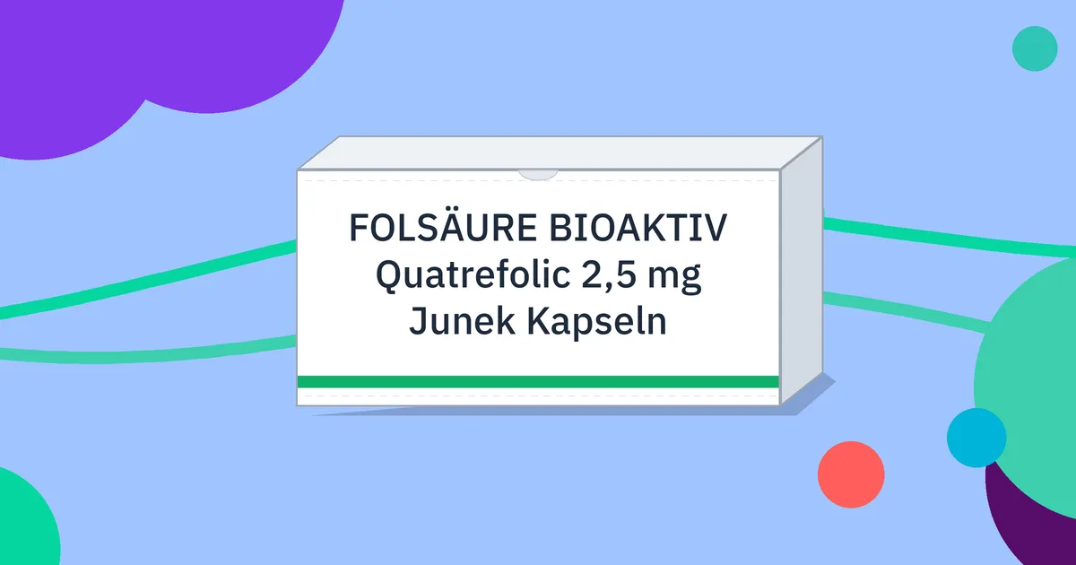 Symbolbild: Packung mit der Aufschrift FOLSÄURE BIOAKTIV Quatrefolic 2,5 mg Junek Kapseln (PZN 18311031) – Verfügbarkeit und Bezug in Apotheken in Frankfurt am Main