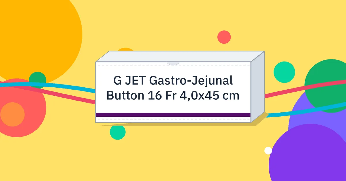 Symbolbild: Packung mit der Aufschrift G JET Gastro-Jejunal Button 16 Fr 4,0x45 cm (PZN 14347003) – Verfügbarkeit und Bezug in Apotheken in Frankfurt am Main