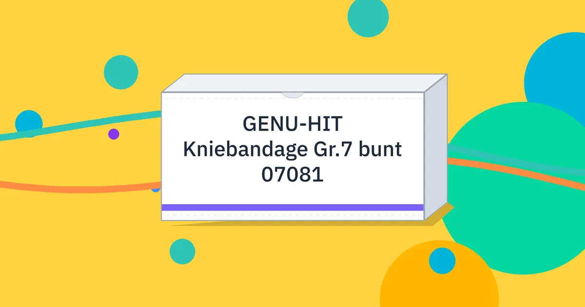 Symbolbild: Packung mit der Aufschrift GENU-HIT Kniebandage Gr.7 bunt 07081 (PZN 08486396) – Verfügbarkeit und Bezug in Apotheken in Frankfurt am Main