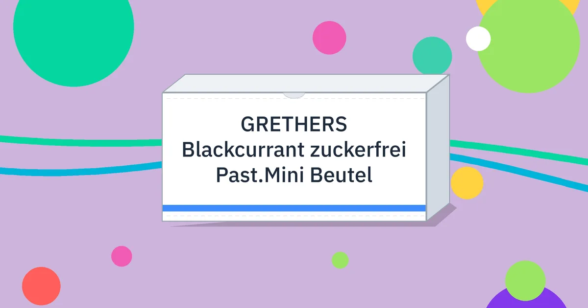 Symbolbild: Packung mit der Aufschrift GRETHERS Blackcurrant zuckerfrei Past.Mini Beutel (PZN 19859713) – Verfügbarkeit und Bezug in Apotheken in Frankfurt am Main