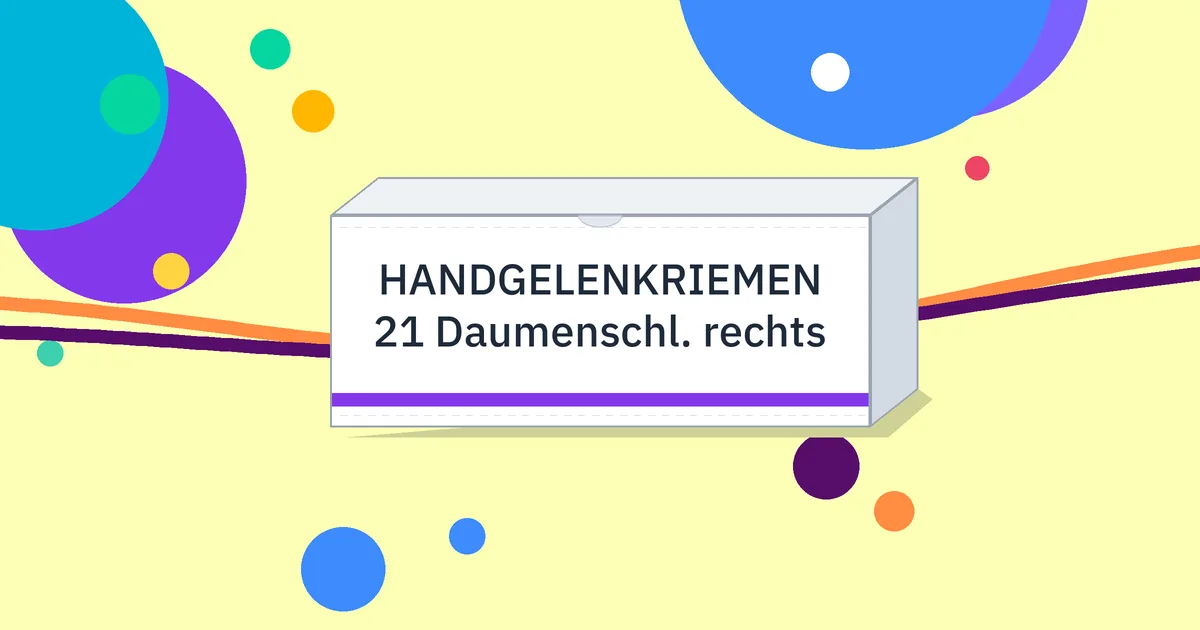 Symbolbild: Packung mit der Aufschrift HANDGELENKRIEMEN 21 Daumenschl. rechts (PZN 02387954) – Verfügbarkeit und Bezug in Apotheken in Frankfurt am Main