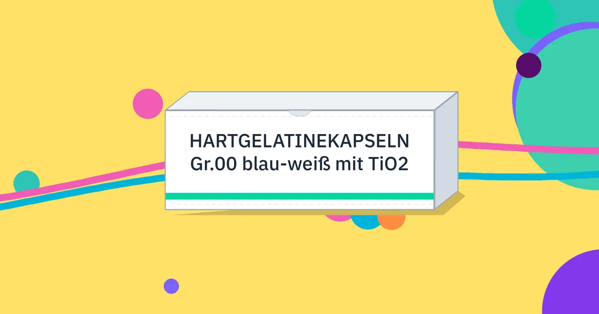 Symbolbild: Packung mit der Aufschrift HARTGELATINEKAPSELN Gr.00 blau-weiß mit TiO2 (PZN 18770141) – Verfügbarkeit und Bezug in Apotheken in Frankfurt am Main