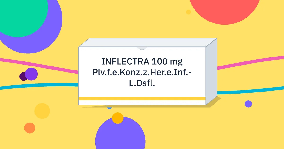 Symbolbild: Packung mit der Aufschrift INFLECTRA 100 mg Plv.f.e.Konz.z.Her.e.Inf.-L.Dsfl. (PZN 15434017) – Verfügbarkeit und Bezug in Apotheken in Frankfurt am Main