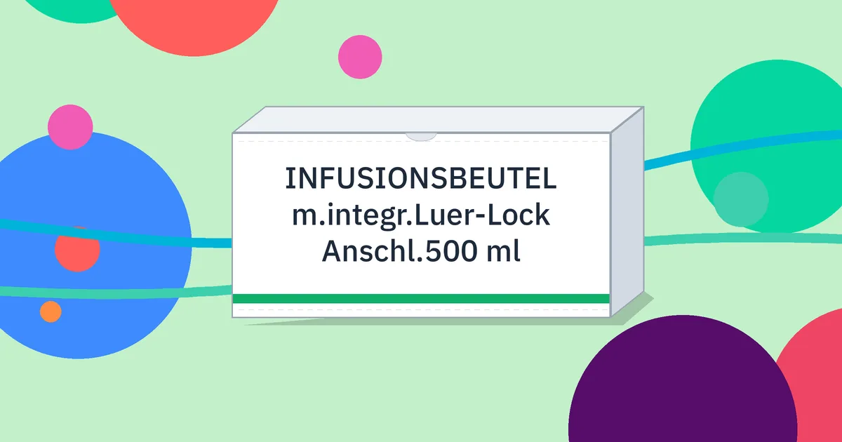 Symbolbild: Packung mit der Aufschrift INFUSIONSBEUTEL m.integr.Luer-Lock Anschl.500 ml (PZN 07270599) – Verfügbarkeit und Bezug in Apotheken in Frankfurt am Main