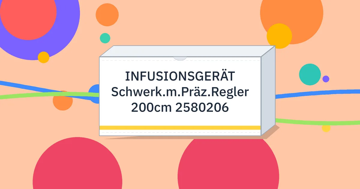 Symbolbild: Packung mit der Aufschrift INFUSIONSGERÄT Schwerk.m.Präz.Regler 200cm 2580206 (PZN 10943004) – Verfügbarkeit und Bezug in Apotheken in Frankfurt am Main