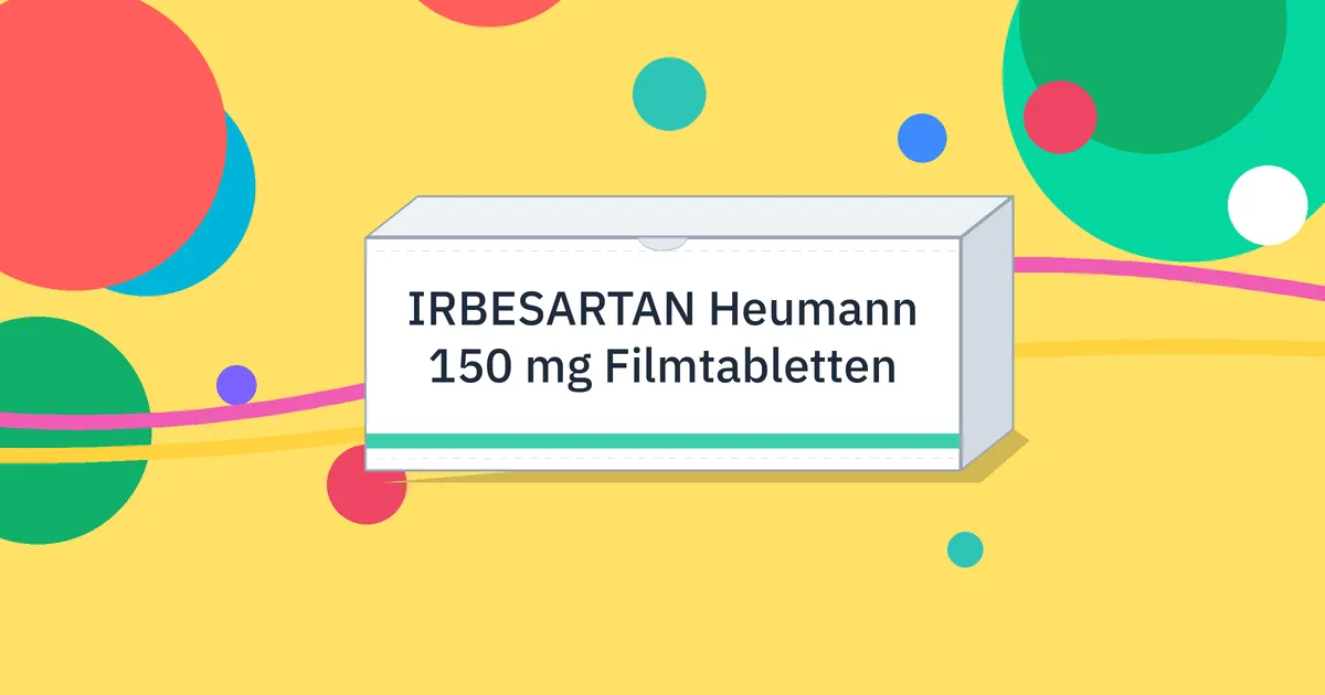 Symbolbild: Packung mit der Aufschrift IRBESARTAN Heumann 150 mg Filmtabletten (PZN 19129647) – Verfügbarkeit und Bezug in Apotheken in Frankfurt am Main