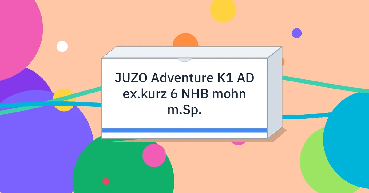 Symbolbild: Packung mit der Aufschrift JUZO Adventure K1 AD ex.kurz 6 NHB mohn m.Sp. (PZN 14975797) – Verfügbarkeit und Bezug in Apotheken in Frankfurt am Main