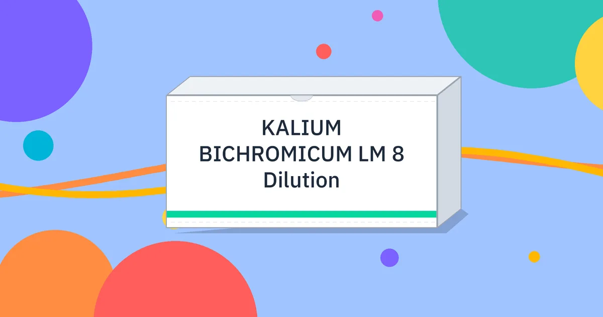 Symbolbild: Packung mit der Aufschrift KALIUM BICHROMICUM LM 8 Dilution (PZN 12917407) – Verfügbarkeit und Bezug in Apotheken in Frankfurt am Main
