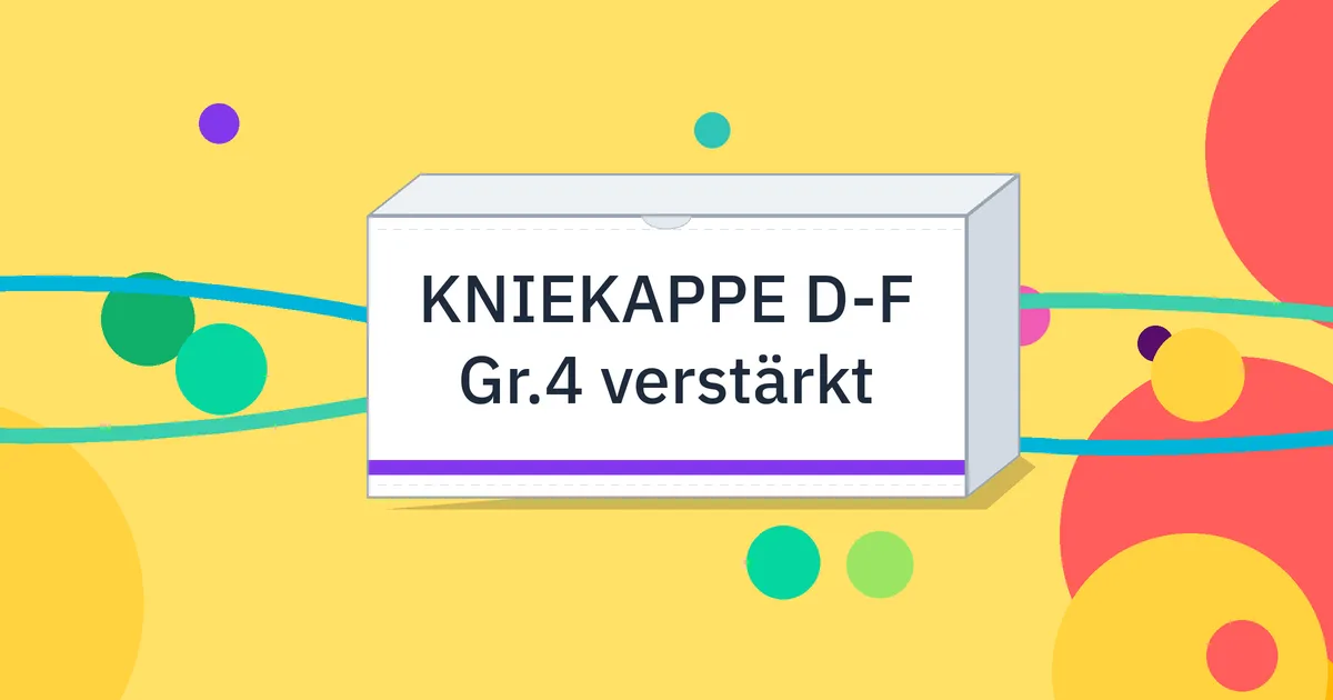 Symbolbild: Packung mit der Aufschrift KNIEKAPPE D-F Gr.4 verstärkt (PZN 02444853) – Verfügbarkeit und Bezug in Apotheken in Frankfurt am Main