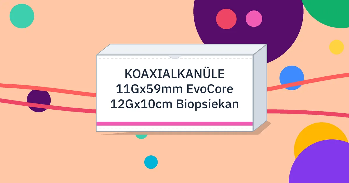 Symbolbild: Packung mit der Aufschrift KOAXIALKANÜLE 11Gx59mm EvoCore 12Gx10cm Biopsiekan (PZN 11059261) – Verfügbarkeit und Bezug in Apotheken in Frankfurt am Main