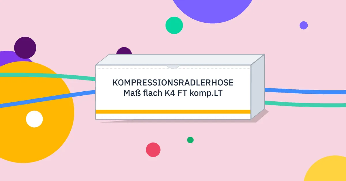 Symbolbild: Packung mit der Aufschrift KOMPRESSIONSRADLERHOSE Maß flach K4 FT komp.LT (PZN 19998188) – Verfügbarkeit und Bezug in Apotheken in Frankfurt am Main