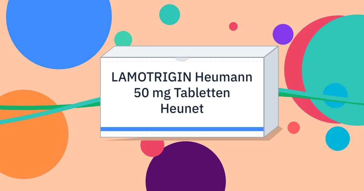 Symbolbild: Packung mit der Aufschrift LAMOTRIGIN Heumann 50 mg Tabletten Heunet (PZN 15304042) – Verfügbarkeit und Bezug in Apotheken in Frankfurt am Main