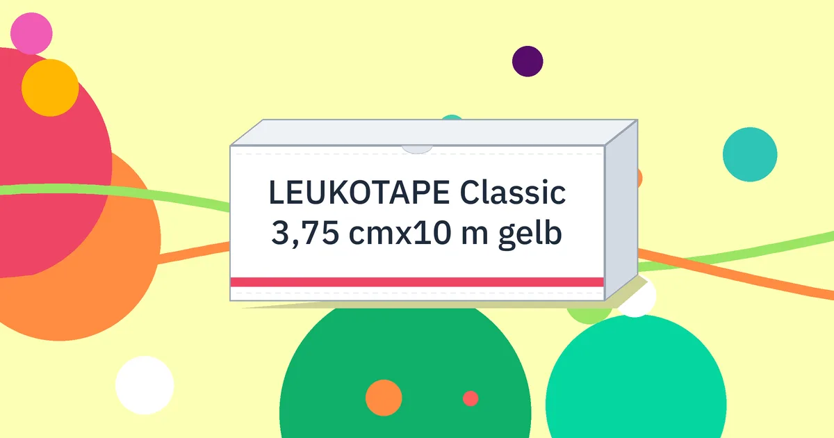 Symbolbild: Packung mit der Aufschrift LEUKOTAPE Classic 3,75 cmx10 m gelb (PZN 05384034) – Verfügbarkeit und Bezug in Apotheken in Frankfurt am Main