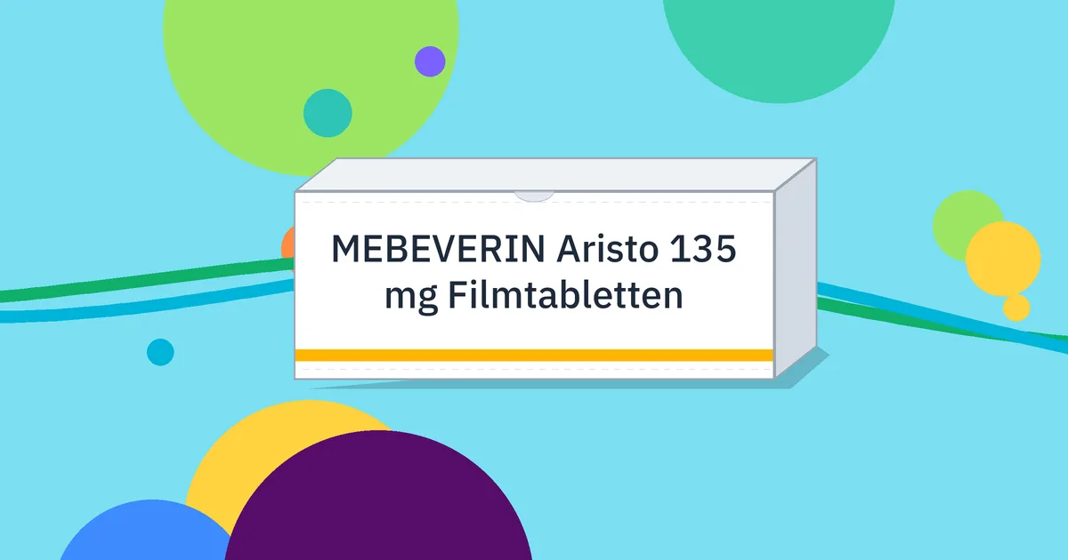 Symbolbild: Packung mit der Aufschrift MEBEVERIN Aristo 135 mg Filmtabletten (PZN 15736362) – Verfügbarkeit und Bezug in Apotheken in Frankfurt am Main