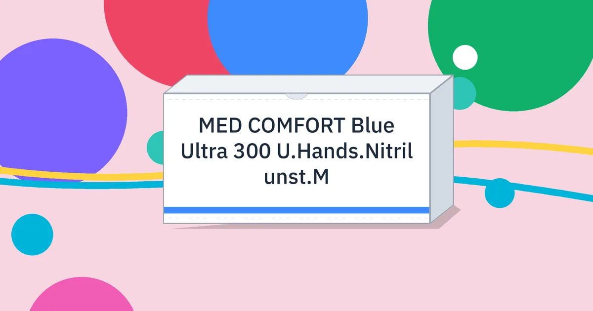 Symbolbild: Packung mit der Aufschrift MED COMFORT Blue Ultra 300 U.Hands.Nitril unst.M (PZN 15570335) – Verfügbarkeit und Bezug in Apotheken in Frankfurt am Main
