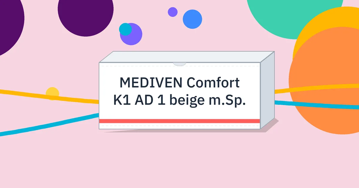Symbolbild: Packung mit der Aufschrift MEDIVEN Comfort K1 AD 1 beige m.Sp. (PZN 14559432) – Verfügbarkeit und Bezug in Apotheken in Frankfurt am Main