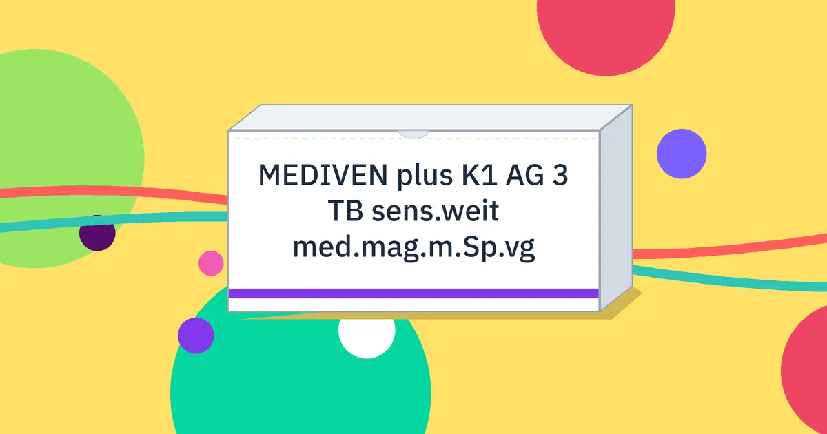 Symbolbild: Packung mit der Aufschrift MEDIVEN plus K1 AG 3 TB sens.weit med.mag.m.Sp.vg (PZN 15065560) – Verfügbarkeit und Bezug in Apotheken in Frankfurt am Main