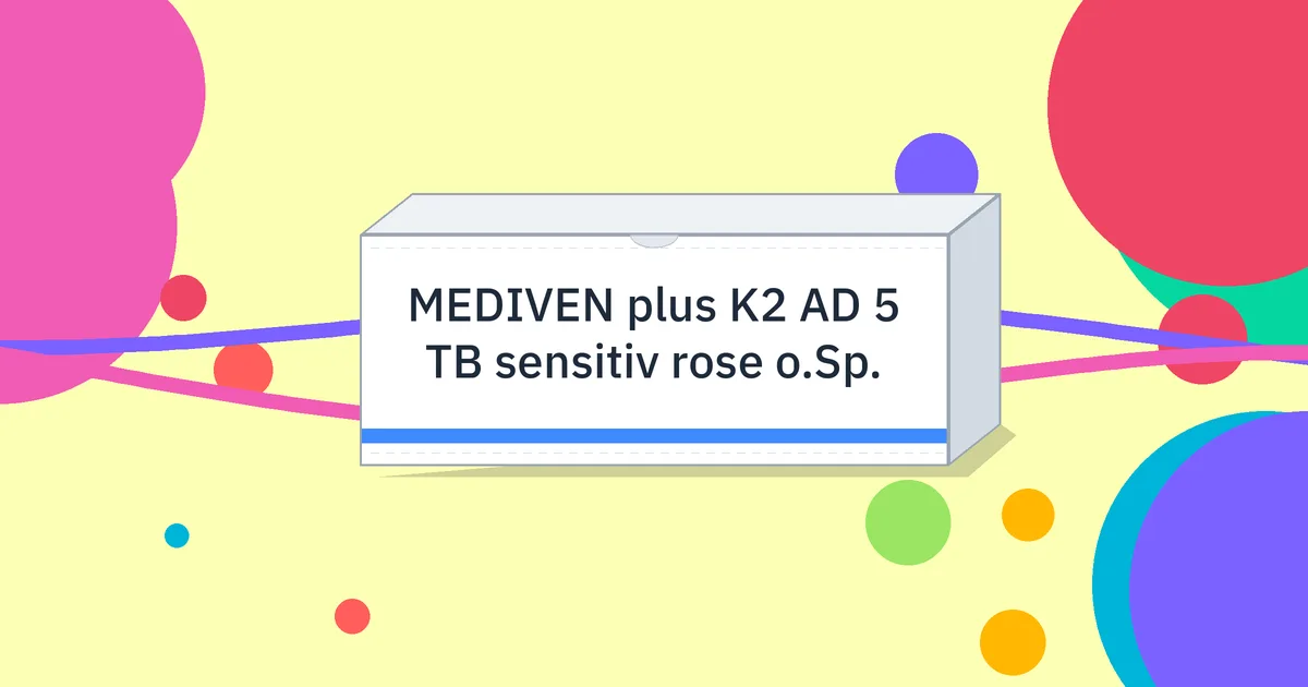 Symbolbild: Packung mit der Aufschrift MEDIVEN plus K2 AD 5 TB sensitiv rose o.Sp. (PZN 15104975) – Verfügbarkeit und Bezug in Apotheken in Frankfurt am Main