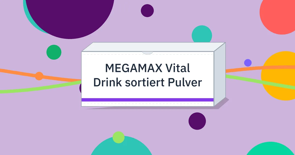 Symbolbild: Packung mit der Aufschrift MEGAMAX Vital Drink sortiert Pulver (PZN 18160069) – Verfügbarkeit und Bezug in Apotheken in Frankfurt am Main